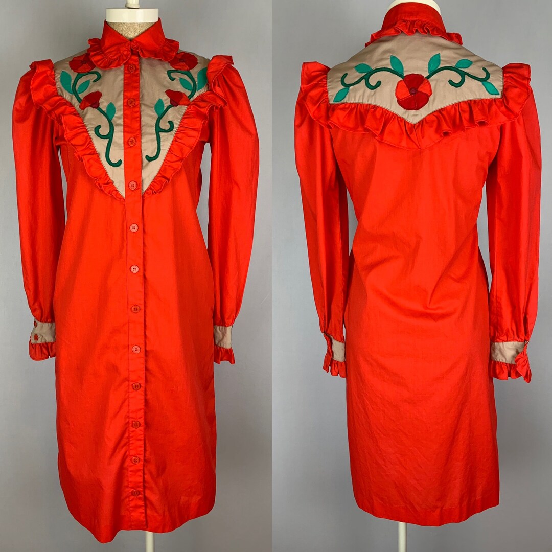 Vintage Cowgirl Country & Western Boho Embroidered Red Rose Maxi Dress ...