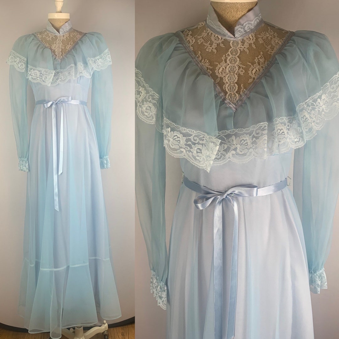 Vintage 60s Sheer Light Blue Lace Pioneer Maxi Bohemian Bridal Dress ...