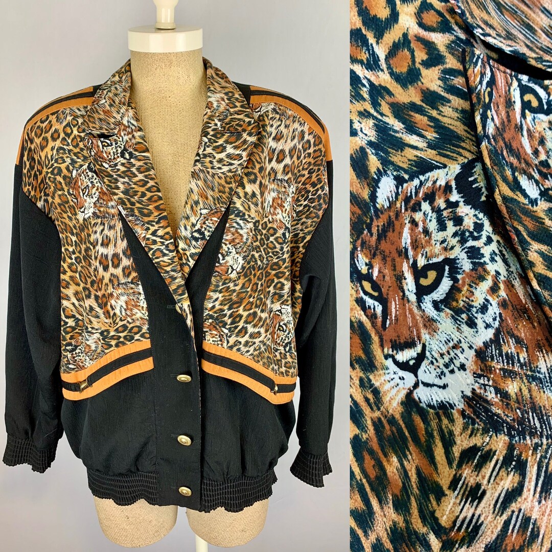 Vintage 90s Leopard Print Black Jacket Size Large - Etsy