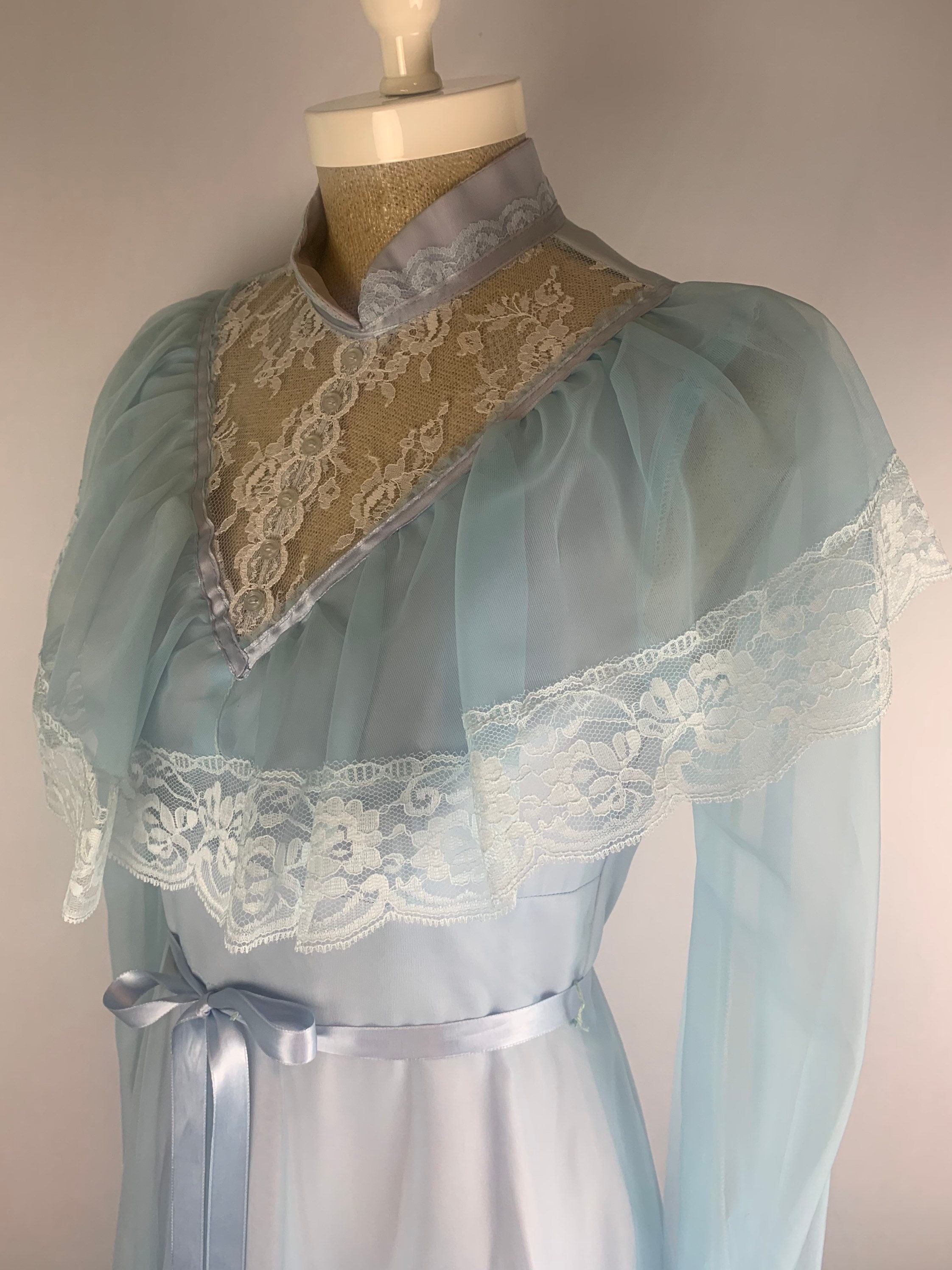 Vintage 60s Sheer Light Blue Lace Pioneer Maxi Bohemian Bridal Dress ...