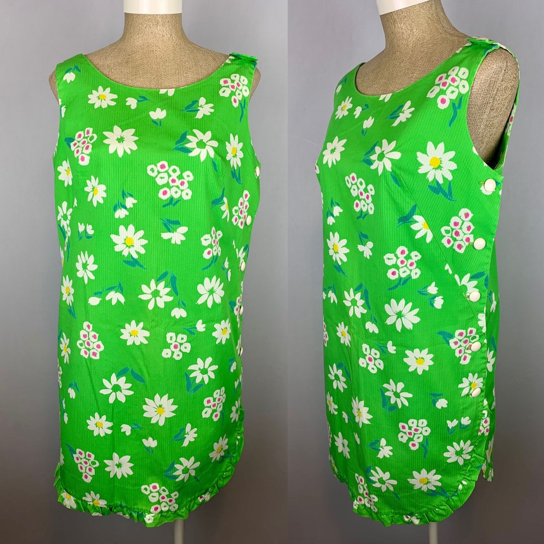 Vintage 60s Lime Green Floral Sun Dress Size Medium Large Hippie Boho ...