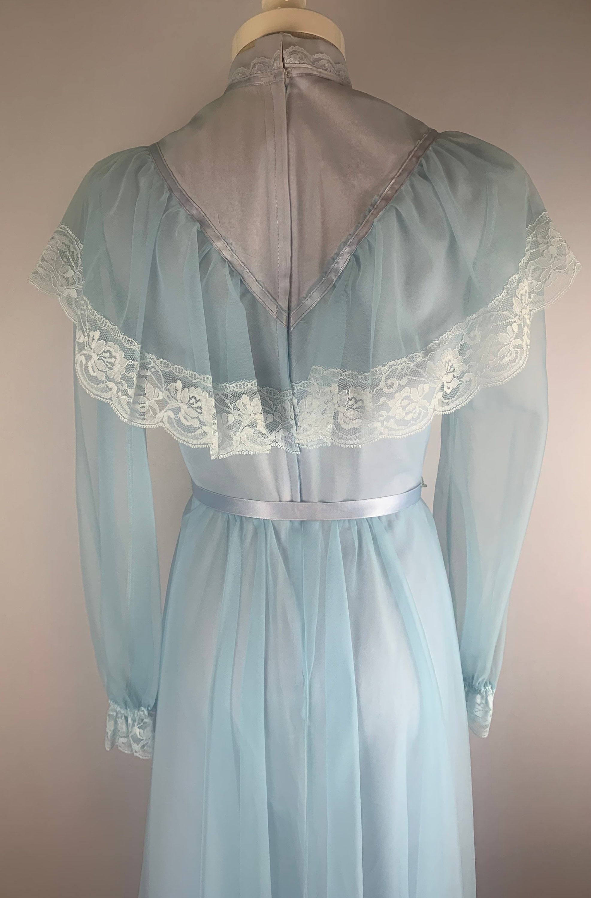 Vintage 60s Sheer Light Blue Lace Pioneer Maxi Bohemian Bridal Dress ...