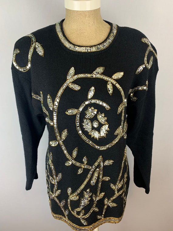Women’s Vintage 80’s Black Silver Sequin Sparkle Pull… - Gem