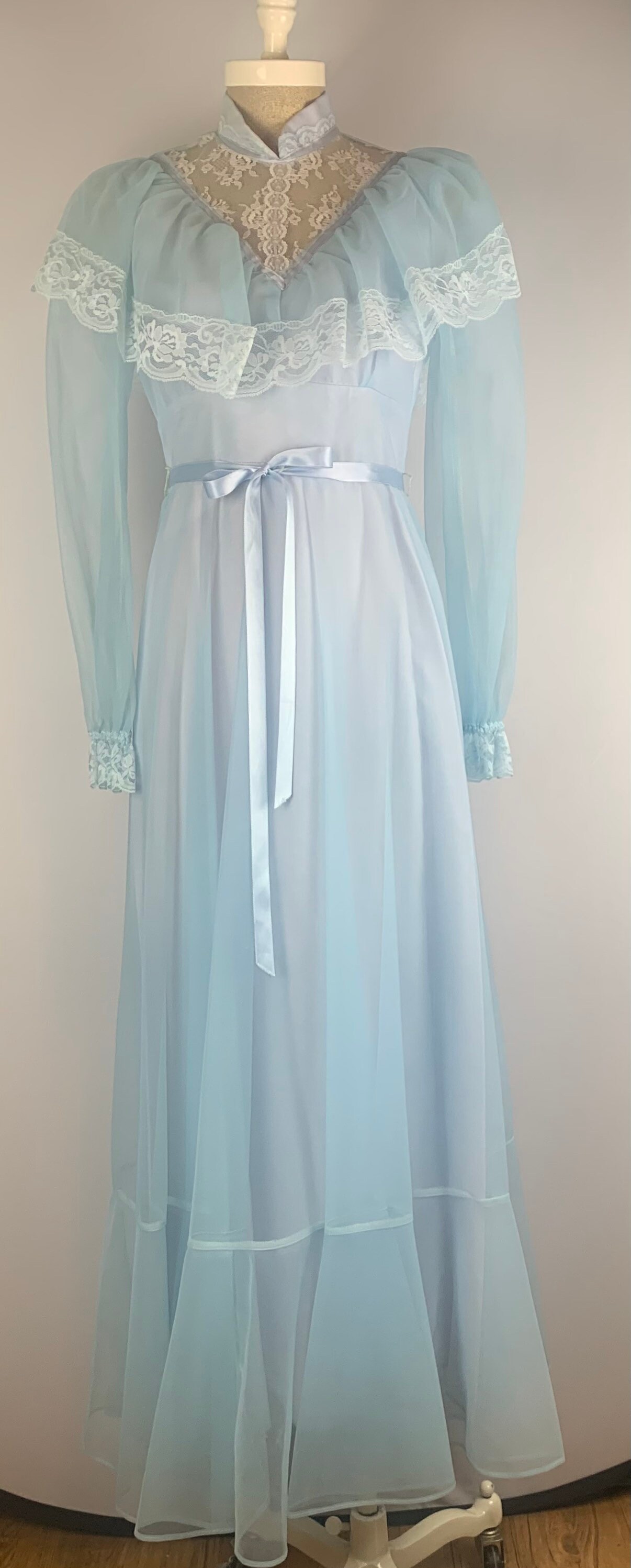 Vintage 60s Sheer Light Blue Lace Pioneer Maxi Bohemian Bridal Dress ...