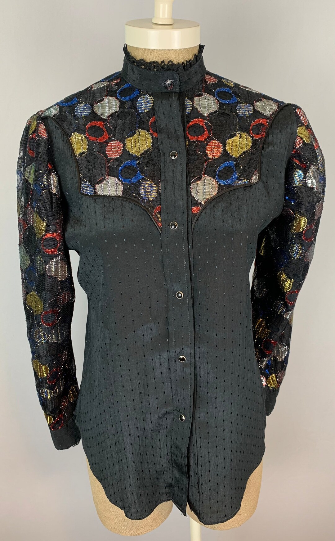 Vintage 80s Western Shirt: Black Metallic Glitter Yoke, Puffy Sleeves ...