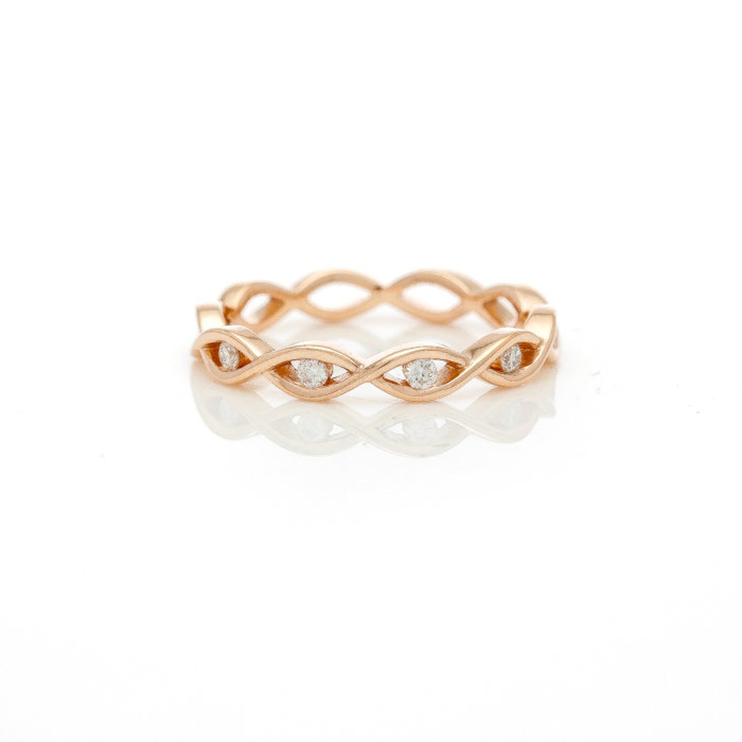 18k Solid Gold Braided Band With Round Brilliant Diamonds | Stackable ...