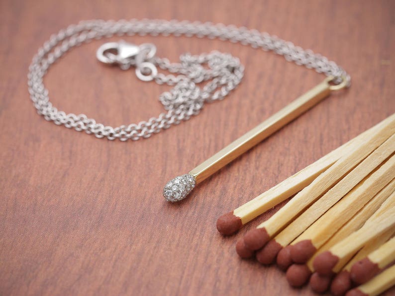 14K Solid Two Tone Gold Match Stick Pendant With a 14K White Gold Oval ...