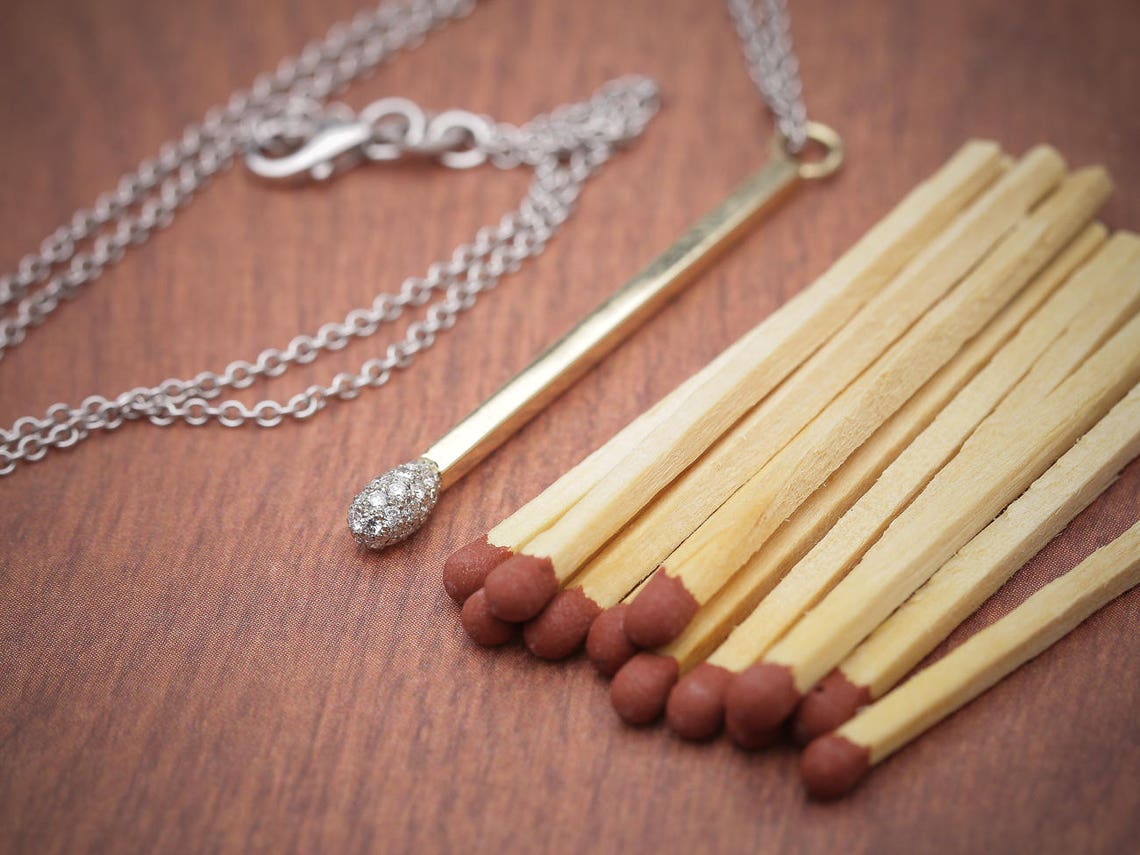 14K Solid Two Tone Gold Match Stick Pendant With a 14K White - Etsy Sweden