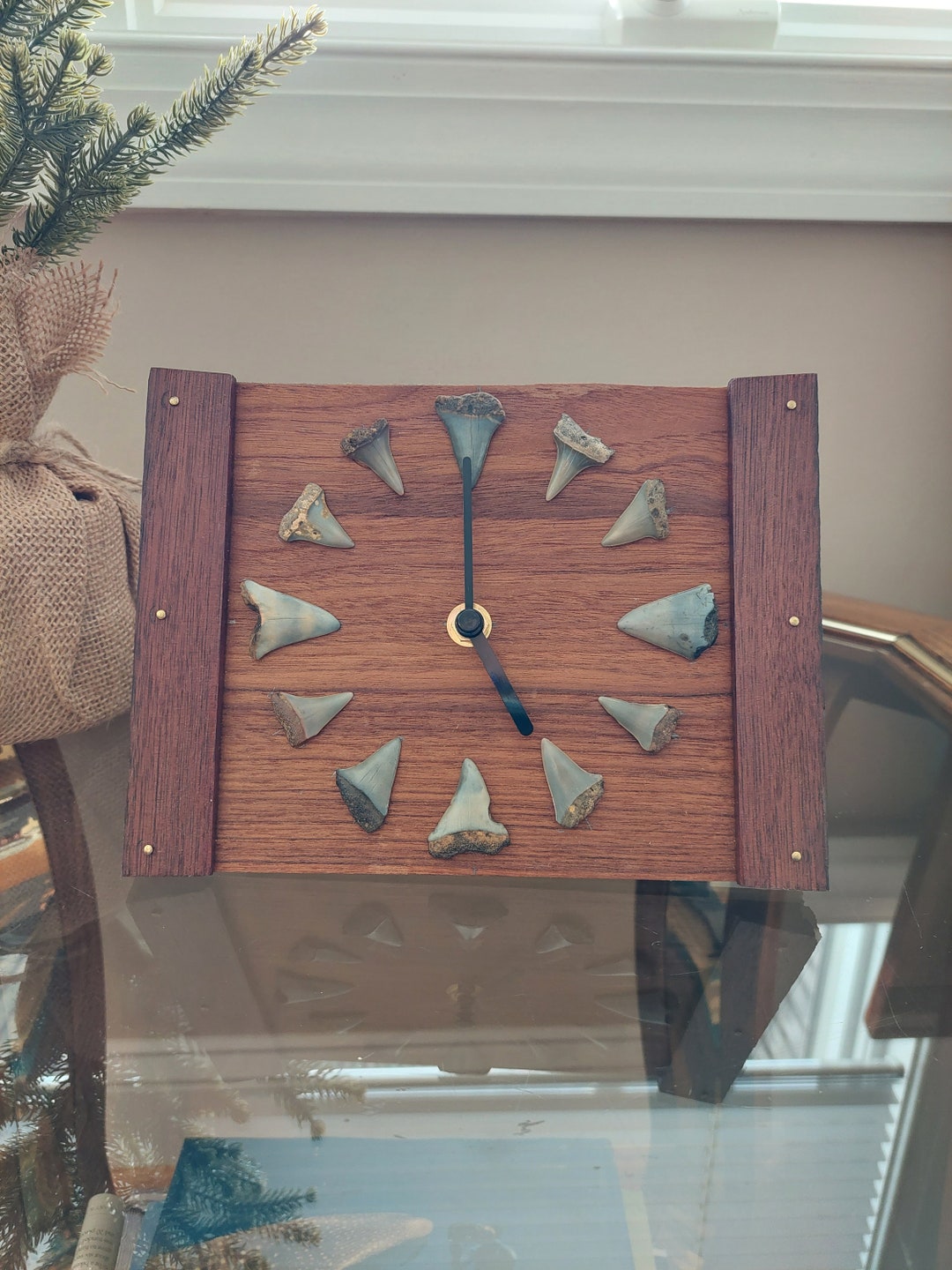 Fossilized Mako Shark Tooth Clock With Teak Face and Exotic Wood Trim ...