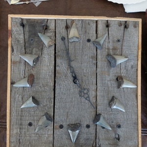Fossilized Giant Mako Shark Tooth Wooden Wall Clock on Weathered Oak ...