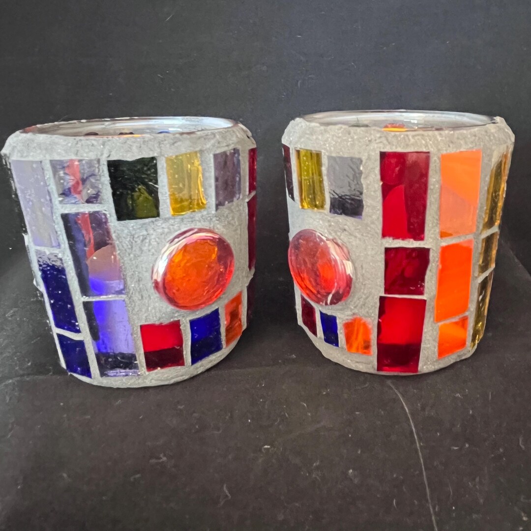 Rainbow Mosaic Candle Holders: Stained Glass Tea Light Votives - Set of ...