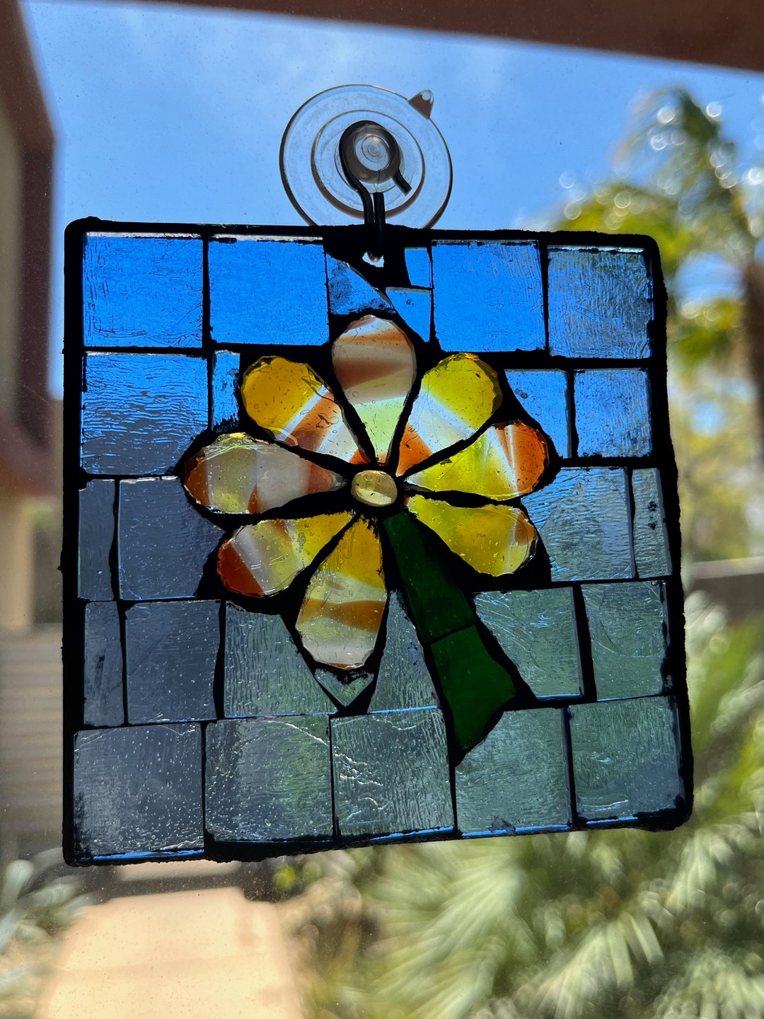 Stained Glass Mosaic Suncatcher Window Hanging Yellow Flower - Etsy