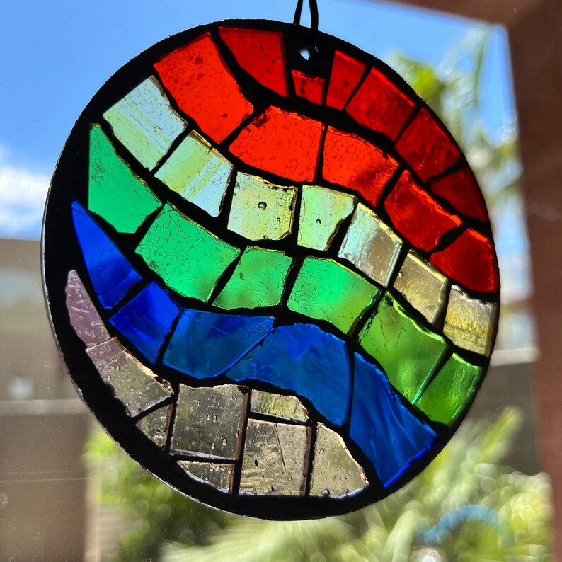 Stained Glass Mosaic Suncatcher Window Hanging Rainbow Art Round - Etsy
