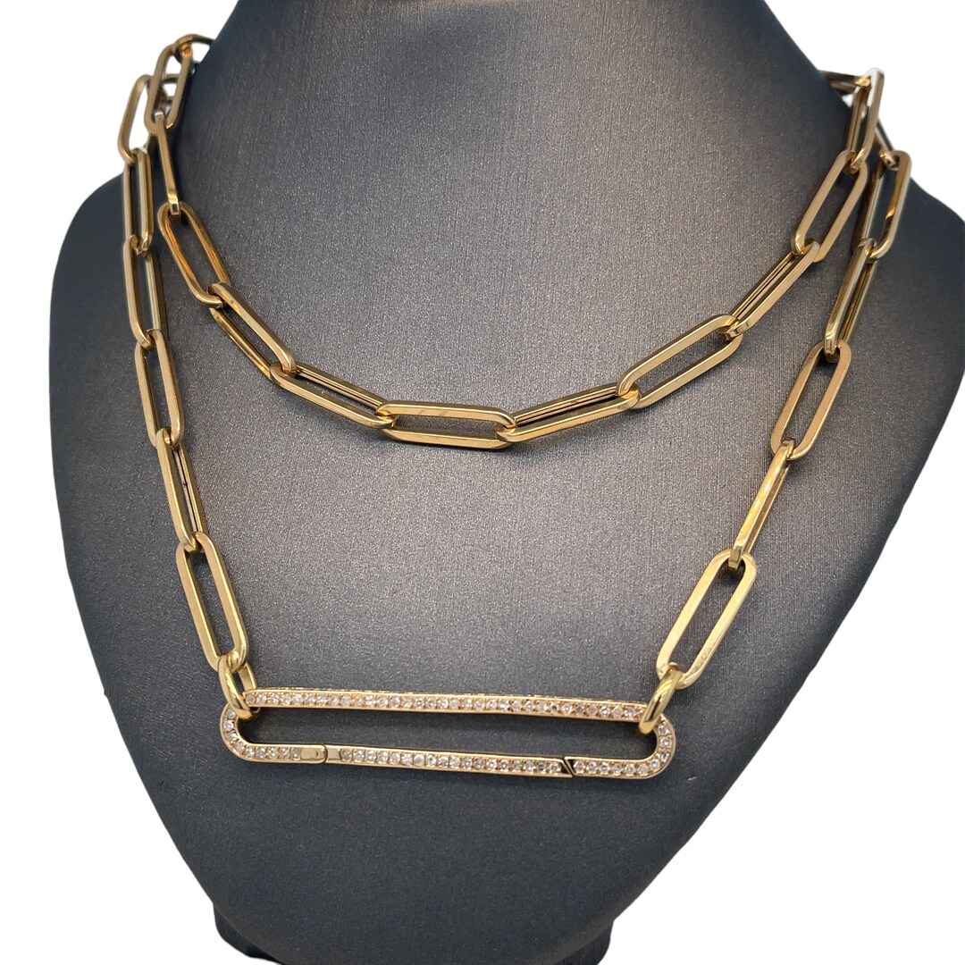 14K Solid Yellow Gold, White Gold, Full Pave Diamonds Bar, Openable, Diamond, Charm, Chain Lock ...