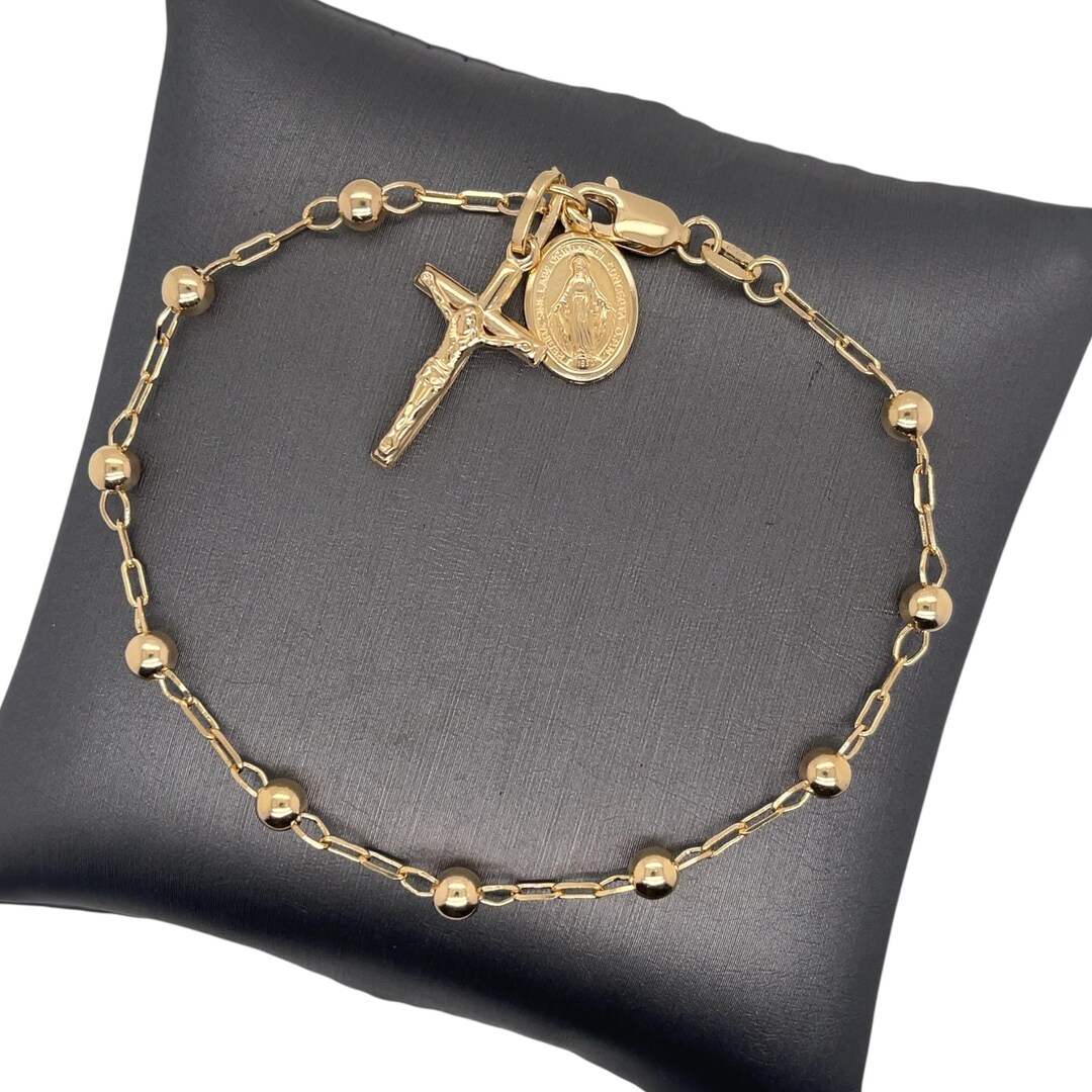 14K Yellow Gold Ball Link Crucifix Charm Bracelet - Etsy