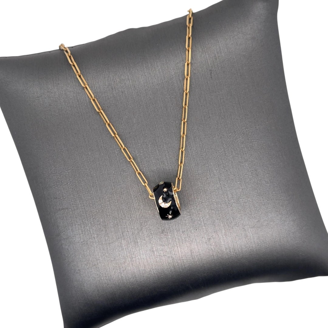 14K Yellow Gold Moon and Stars Roundel Spacer Charm, Black Enamel ...