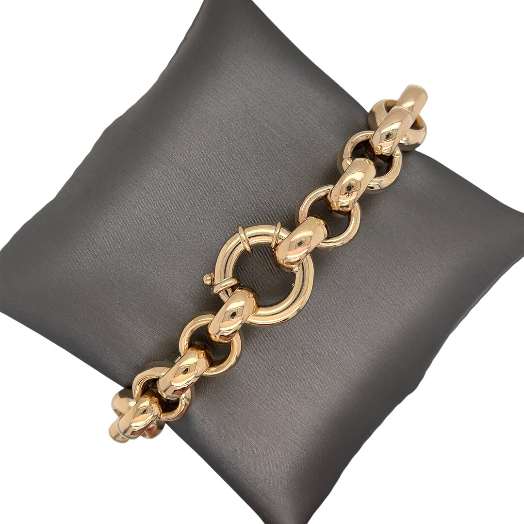 14K Solid Heavy Yellow Gold Rolo Link Bracelet, Spring Clasp, Chunky ...