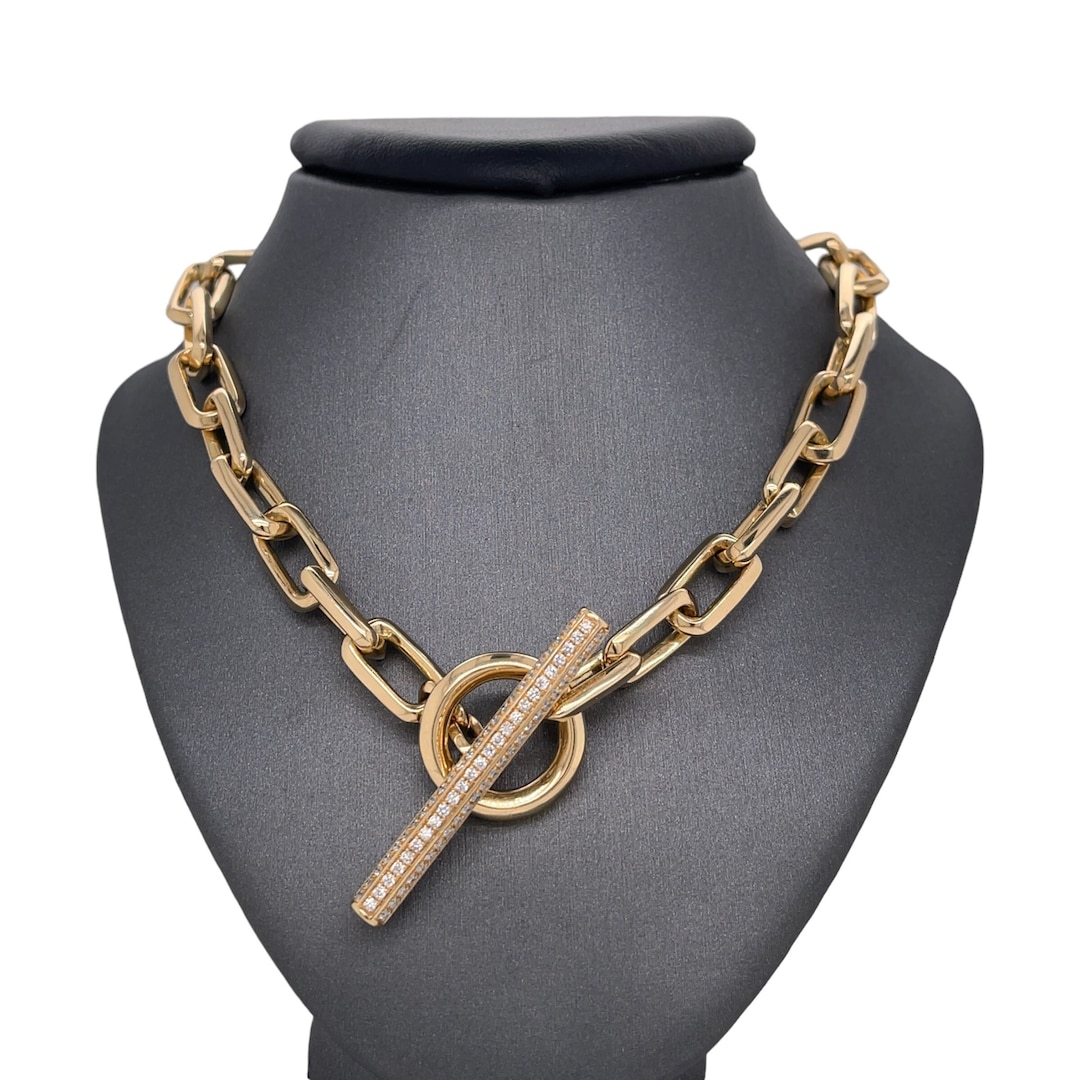 14K Solid Yellow Gold Diamond Toggle Chain Necklace - Etsy