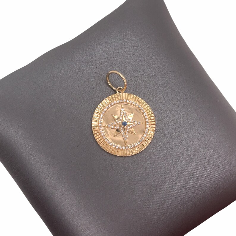 14K Solid Gold Pave Set Diamonds Sapphire Compass - Etsy