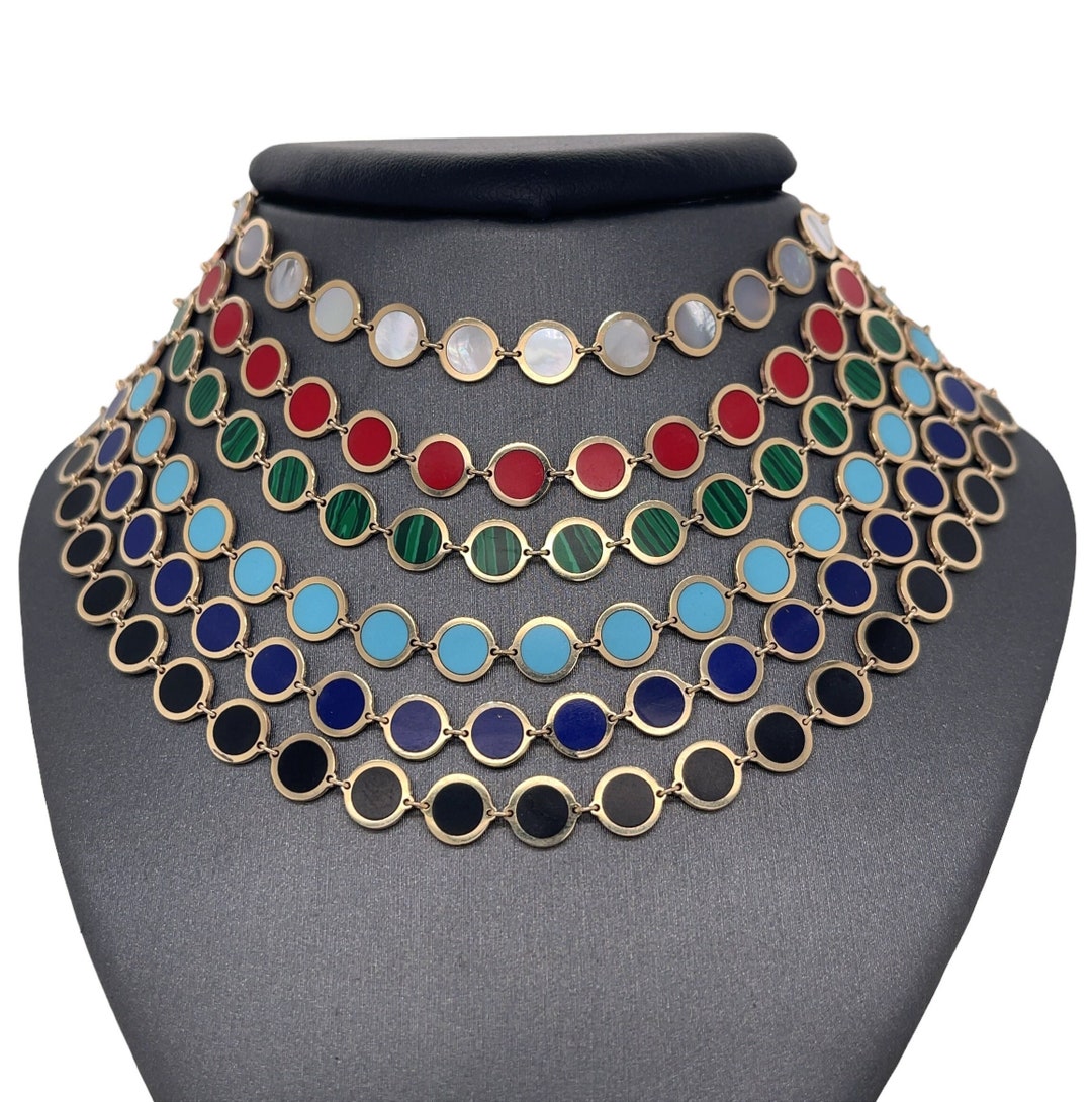 14K Italian Solid Gold Inlay Chain, Mother of Pearl, Red Coral ...