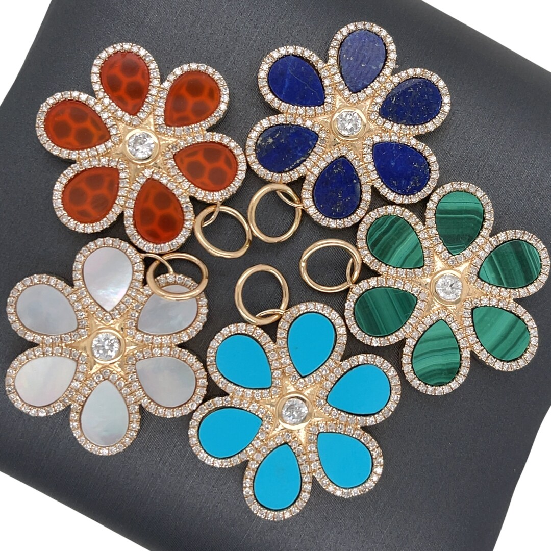 14K Yellow Gold Diamond Flower Charm, Malachite, Lapis, Mother of Pearl ...