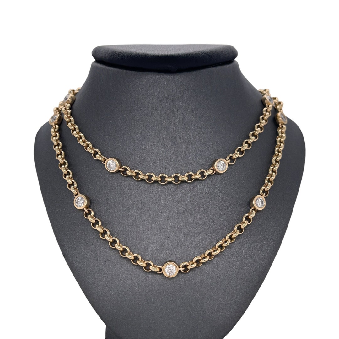 Signature 14K Solid Italian Yellow Gold Diamond Rolo Link Chain, Bezel ...