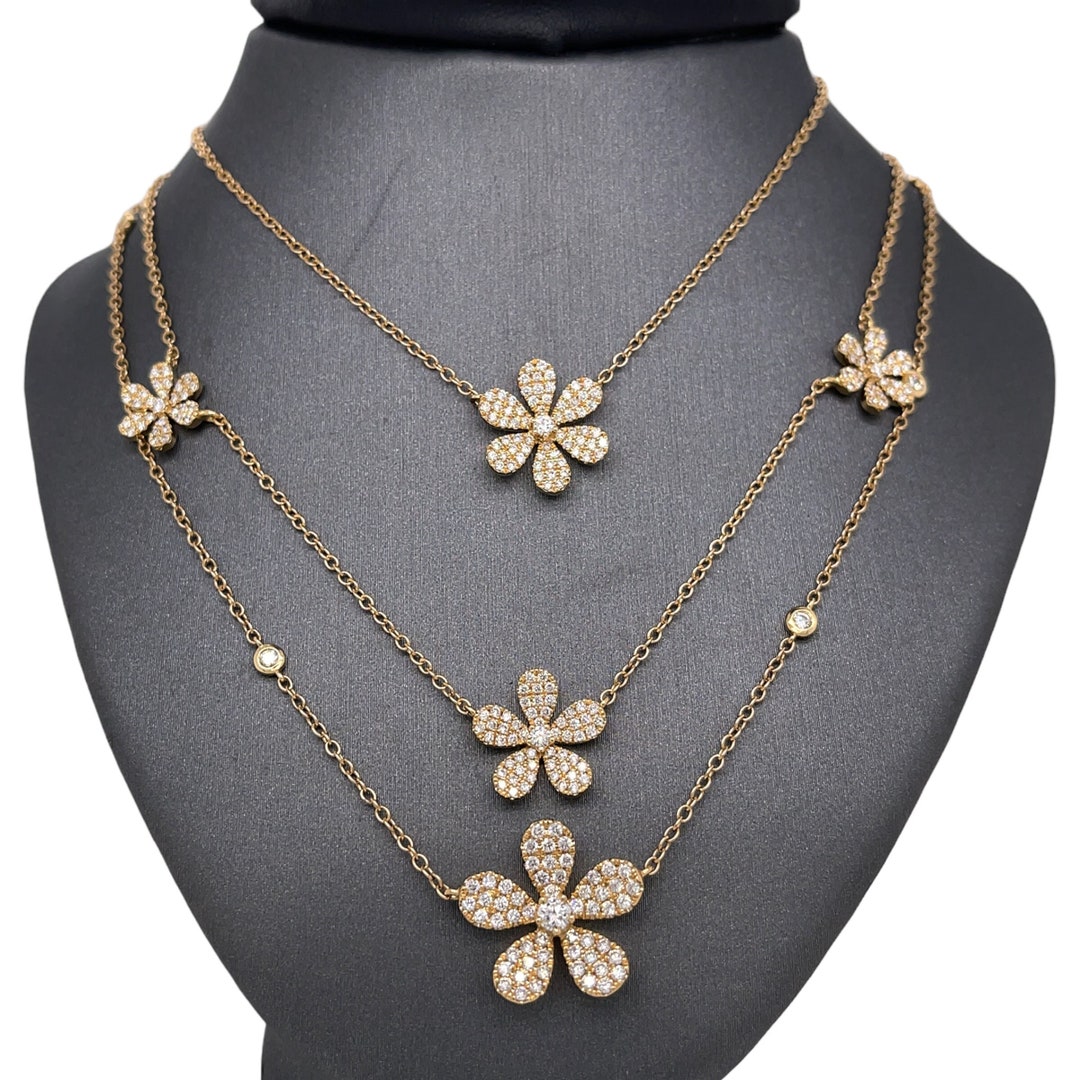 18K Yellow Gold Diamond Daisy Charm Necklace, Bezel Set Diamonds, Daisy ...