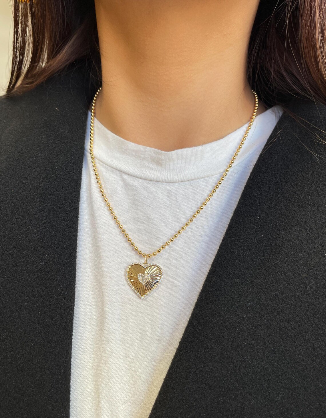 14K Yellow Gold Diamond Fluted Heart Pendant Charm - Etsy