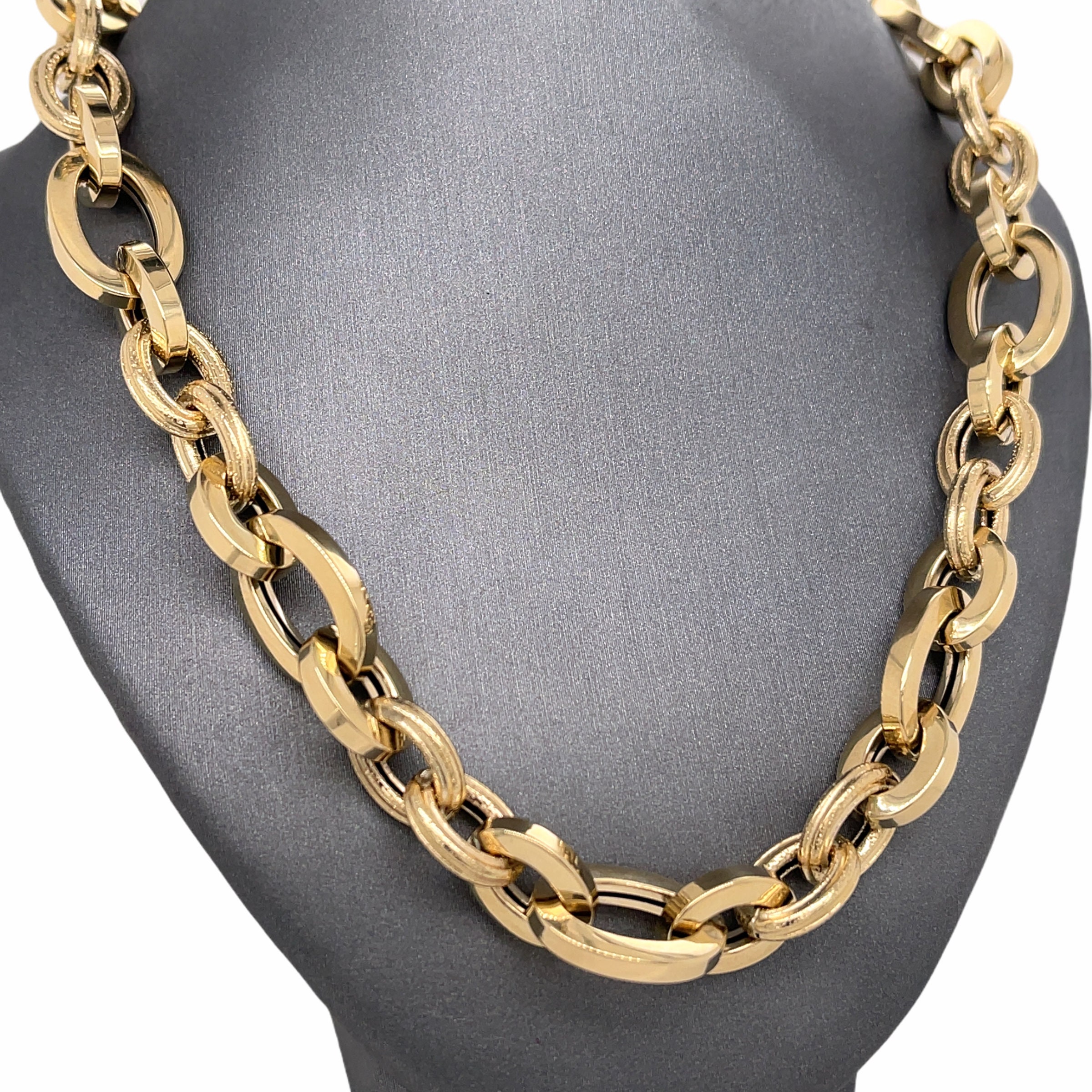 14 K Italian Gold Oval Links Polished Satin Finish Interlocking Fancy Statement Link Chain Necklace