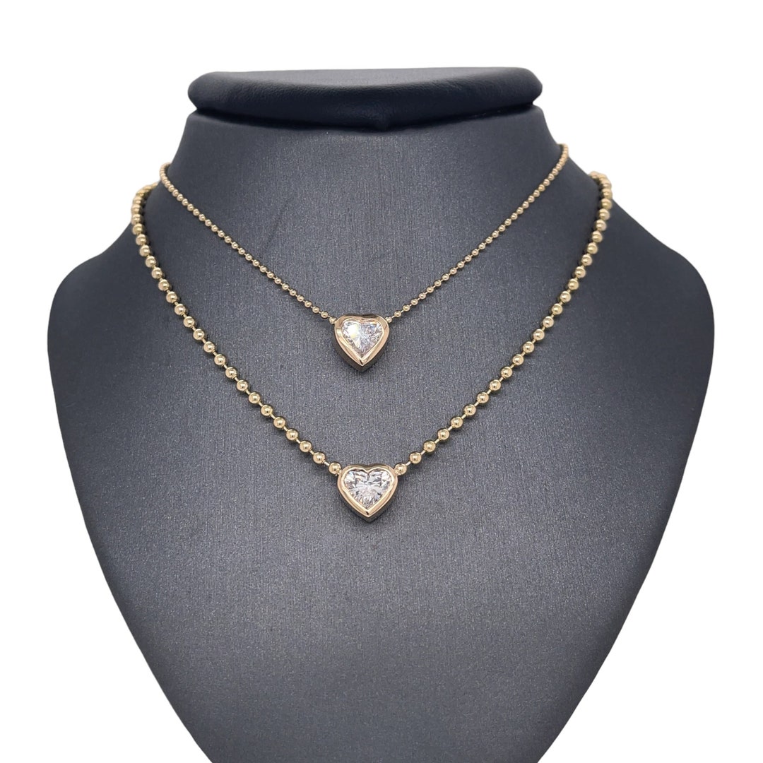 14K Solid Yellow Gold Diamond Heart Necklace, Heart Shaped Diamond ...