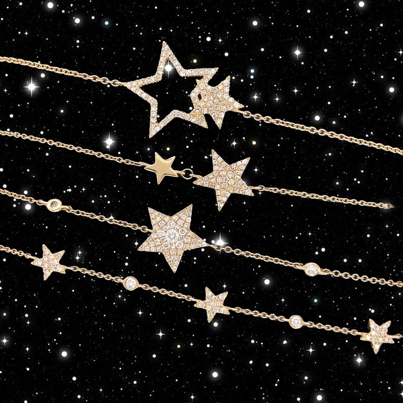 14K Solid Gold Pave Set Diamond Multi Star Single Star - Etsy