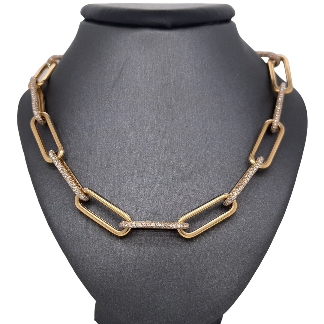 14K Solid Yellow Gold Diamond Paperclip Link Chain - Etsy