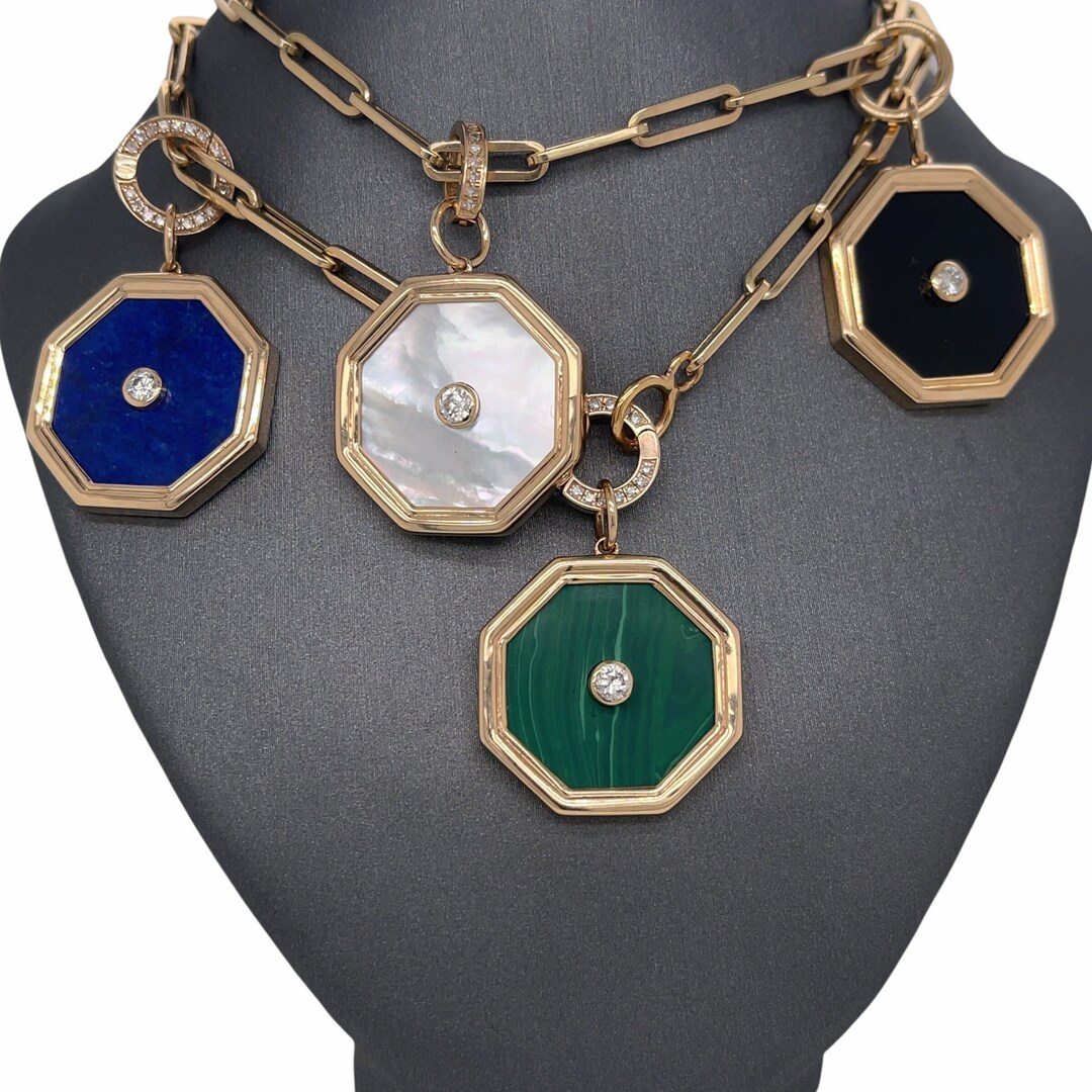 14K Yellow Gold Diamond Octagon Pendant, Diamond, Lapis, Malachite ...