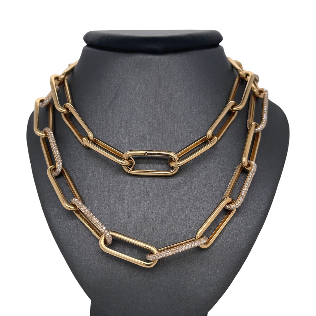 14K Solid Yellow Gold Diamond Paperclip Link Chain, Diamonds, Paperclip ...