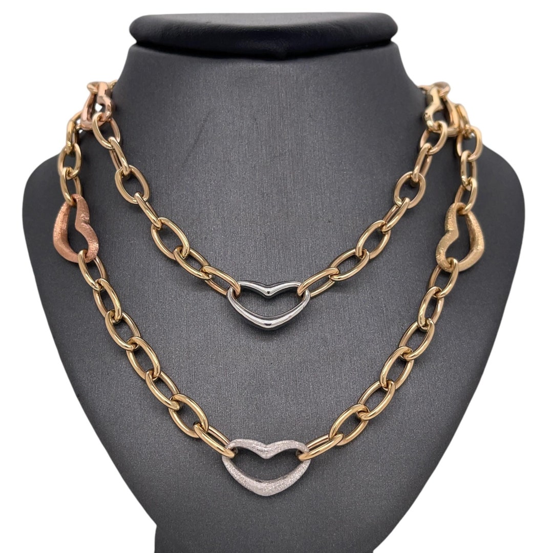 14K Solid Gold Tri Color Heart Link Station Chain Necklace, Satin Chain ...