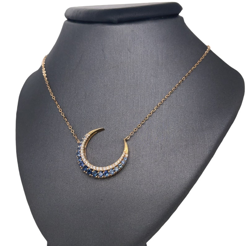 18K Yellow Gold Diamond and Sapphire Moon Pendant Necklace - Etsy