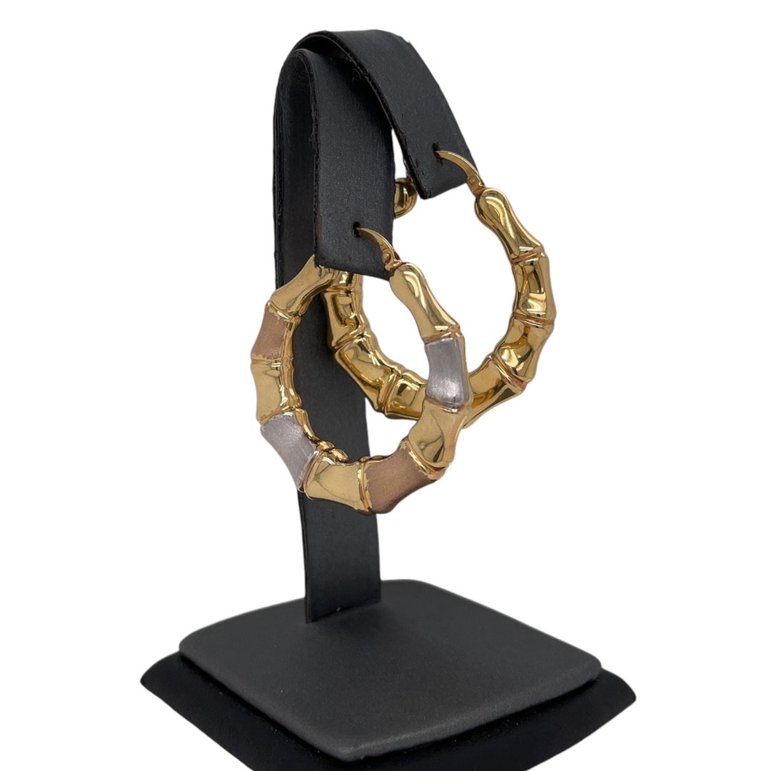 14K Gold Two Tone Satin and Shiny Bamboo Hoop Earrings - Etsy