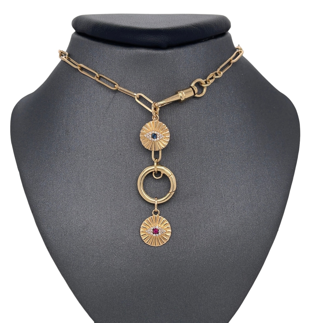 14K Yellow Gold Fluted Diamond Evil Eye Charm, Diamonds, Sapphire, Ruby ...