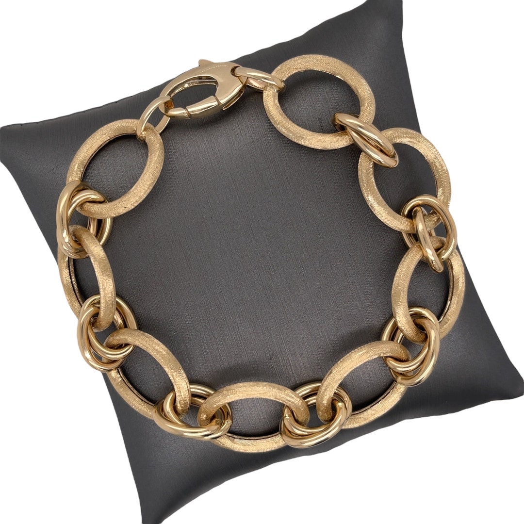 14K Yellow Gold Interlocking Oval Link Bracelet, Satin Link Bracelet ...