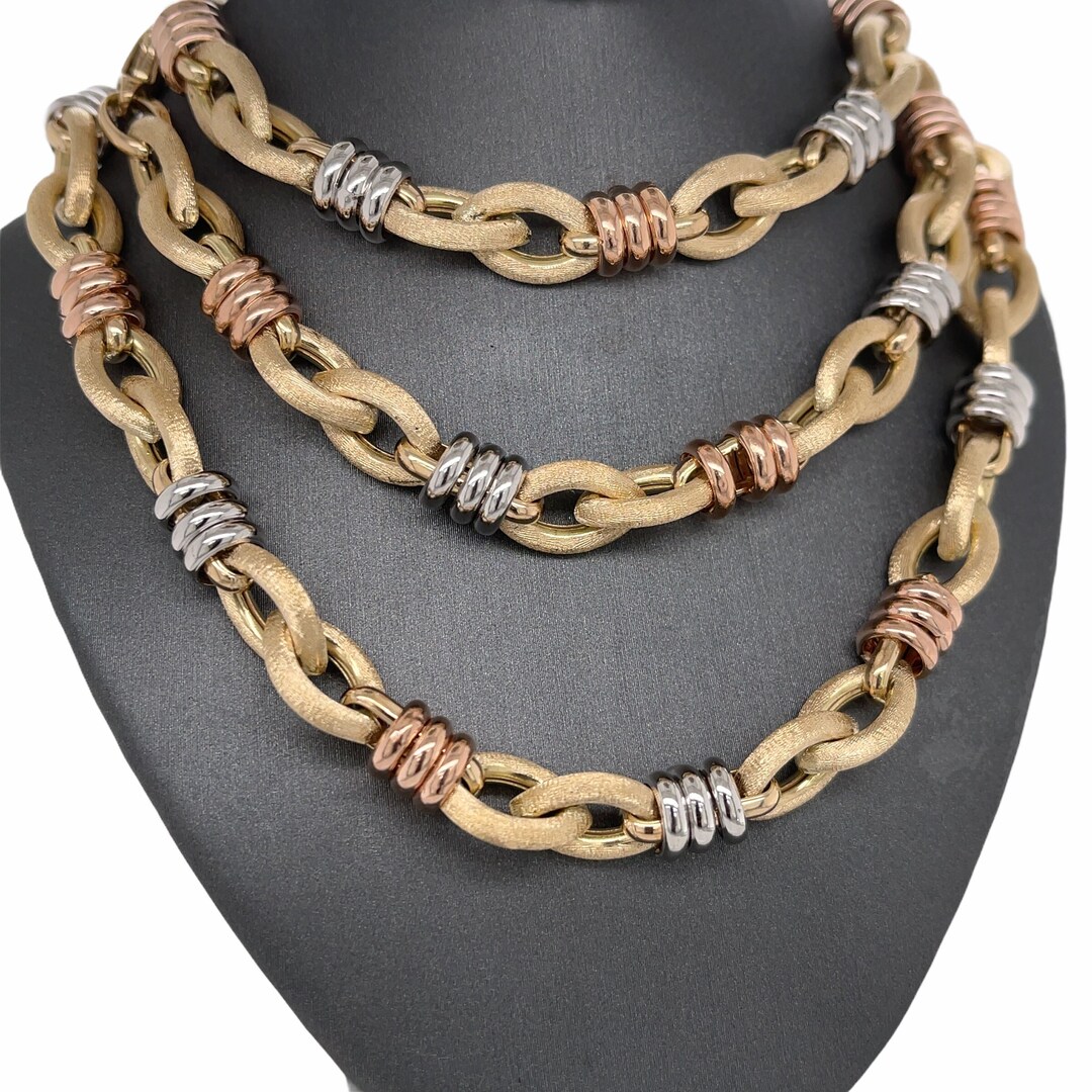 14K Italian Gold Link Chain, Tricolor, Satin Texture, Polished Links ...