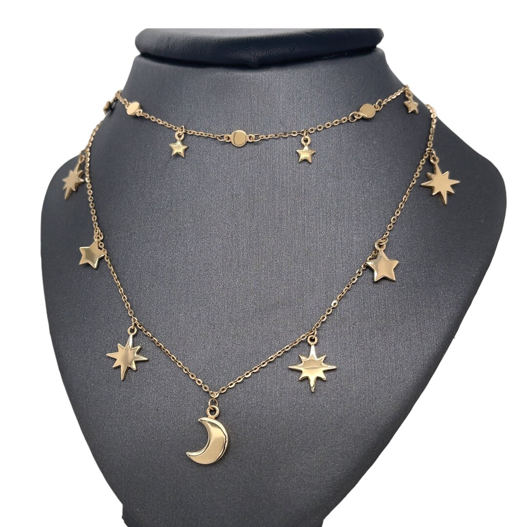 14K Yellow Gold Double Strand Layer Charm Necklace, Celestial ...