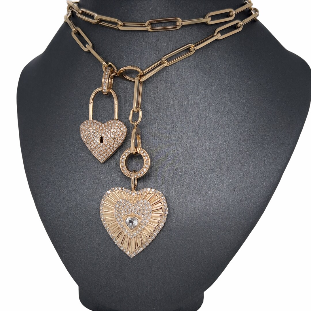 14K Solid Gold, Pave Diamond Padlock Charm, Diamond and White Topaz ...