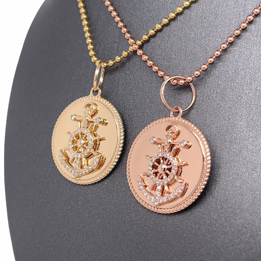 14K Solid Yellow and Rose Gold Diamond Anchor Medallion, Rose Gold ...
