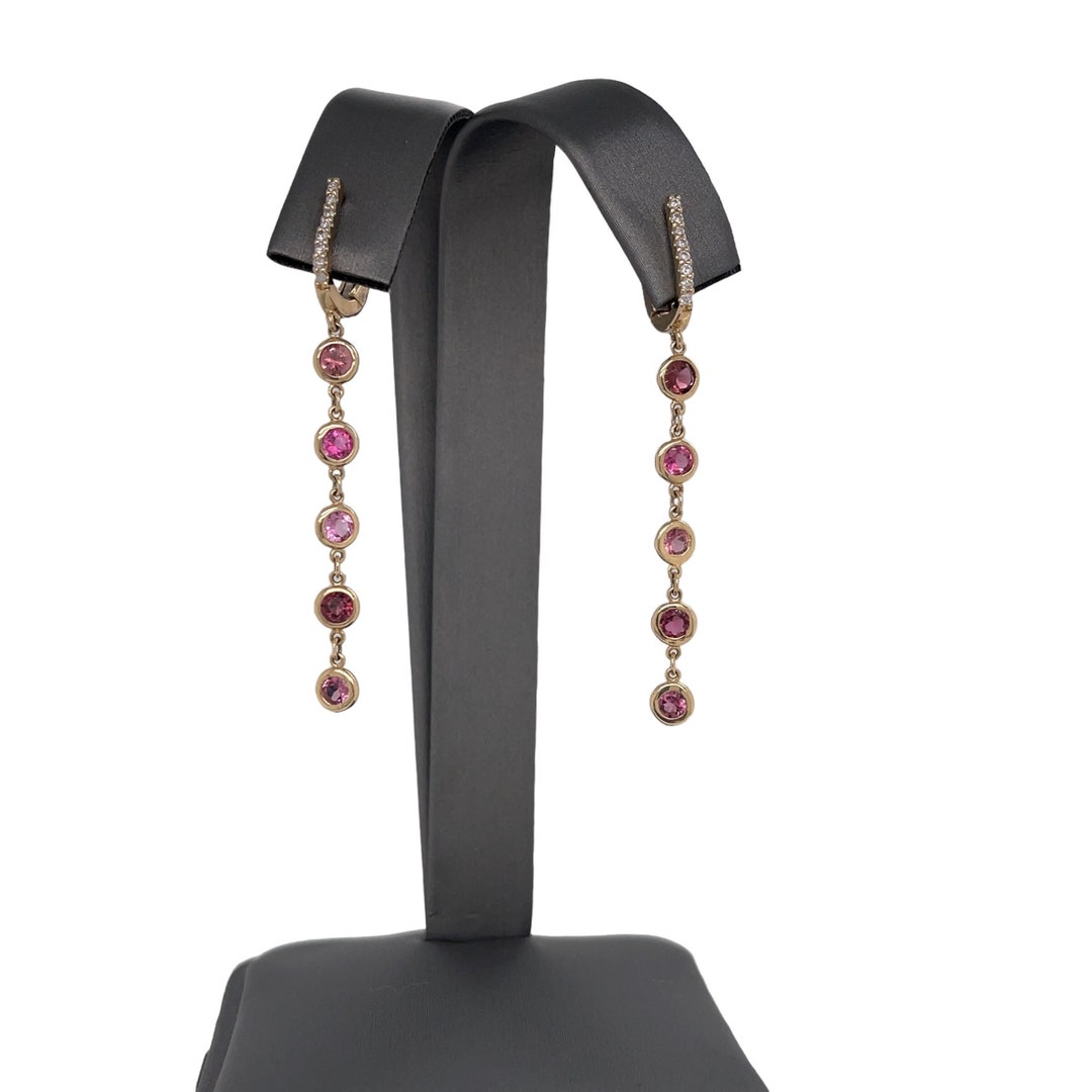 14K Yellow Gold Bezel Set Pink Tourmaline Drop Earrings - Etsy