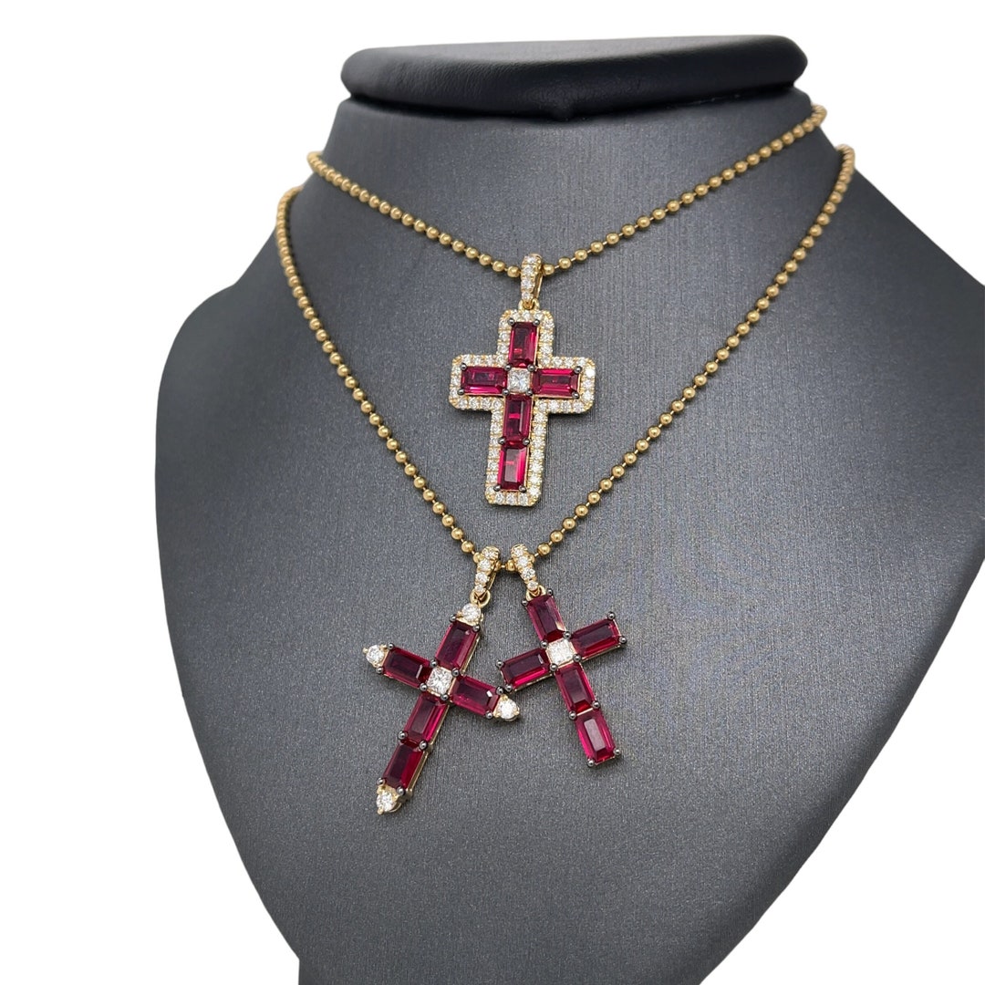 18K Solid Gold Ruby Cross Charm Pendant With Diamonds, Ruby, Diamonds, Cross, Black Rhodium ...