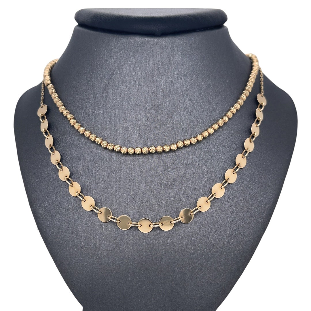14K Italian Yellow Gold Two Strand Chain Necklace, Beaded Ball Chain ...
