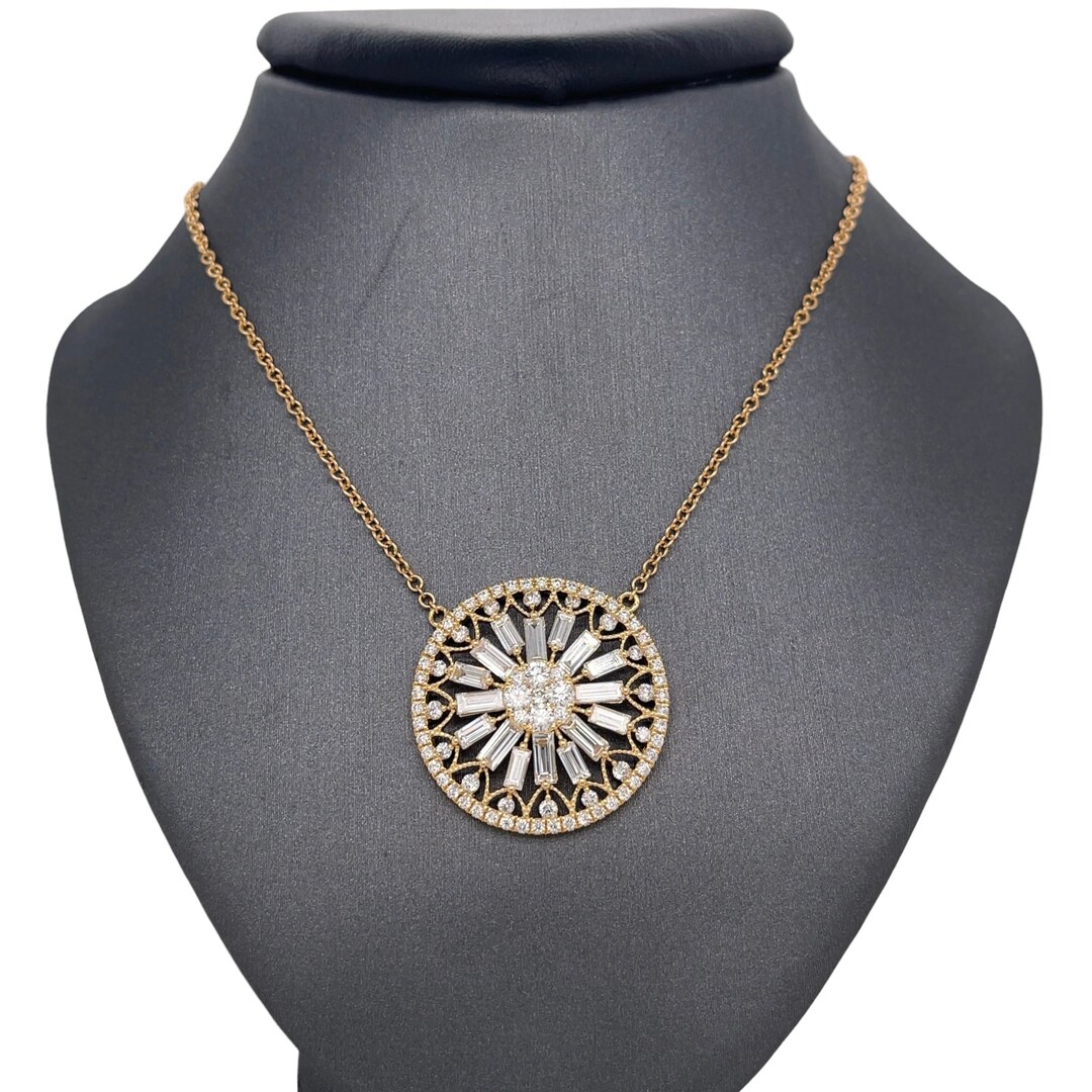 18K Yellow Gold Diamond Flower Charm Necklace, Diamonds, Baguette ...