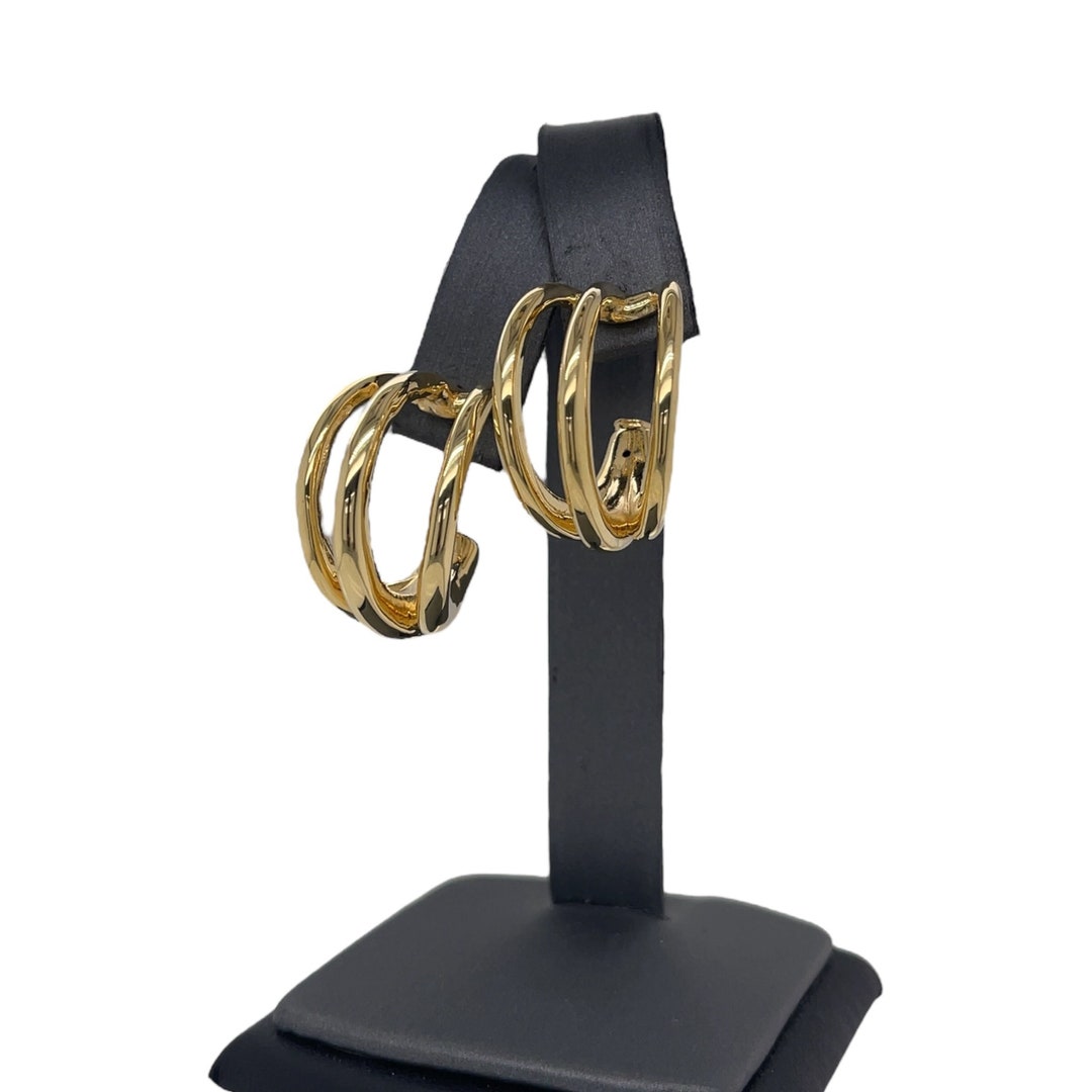 14K Yellow Gold Triple Hoop Earrings, Triple Hoops, Push Back Closure ...