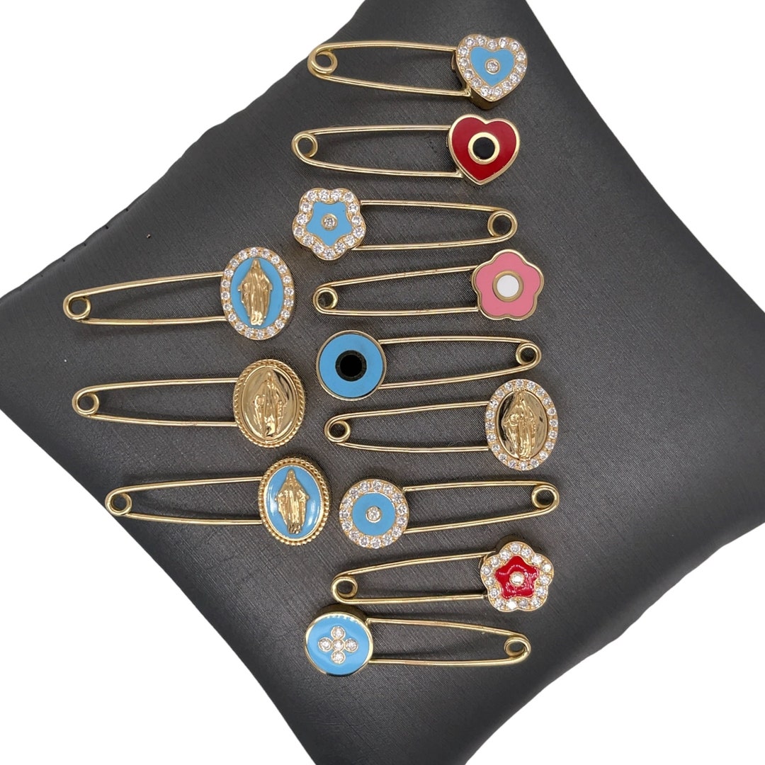 18K Solid Yellow Gold Diamond and Enamel Safety Pin Charm Connector - Etsy