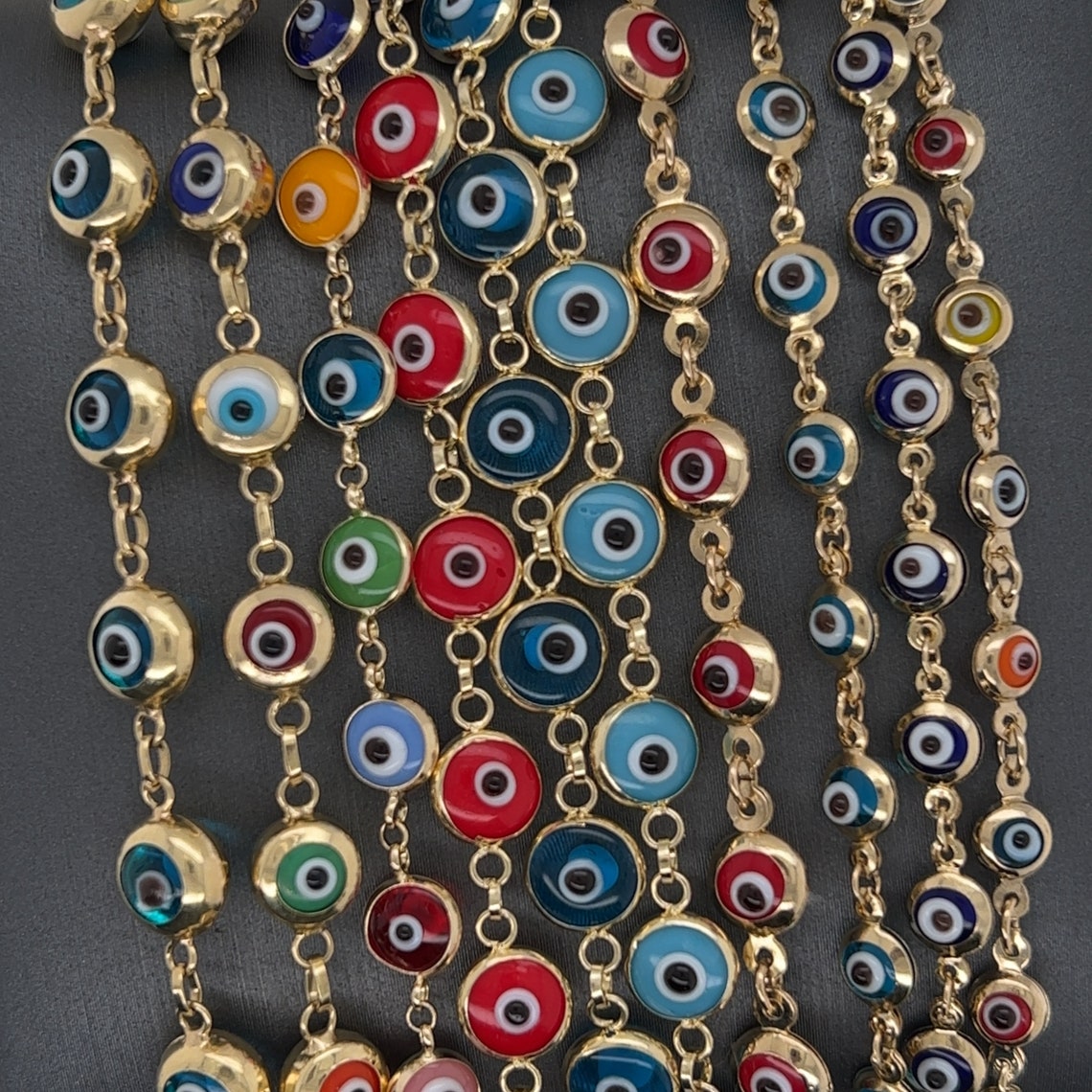 14K Yellow Gold Mini Small Bead Evil Eye Link Bracelet Cable | Etsy